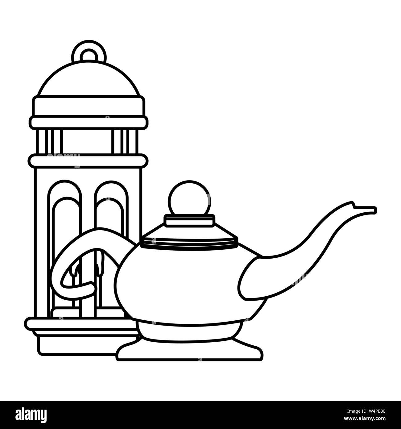 Antique magic lamp and lantern cartoon in black and white Stock Vector ...