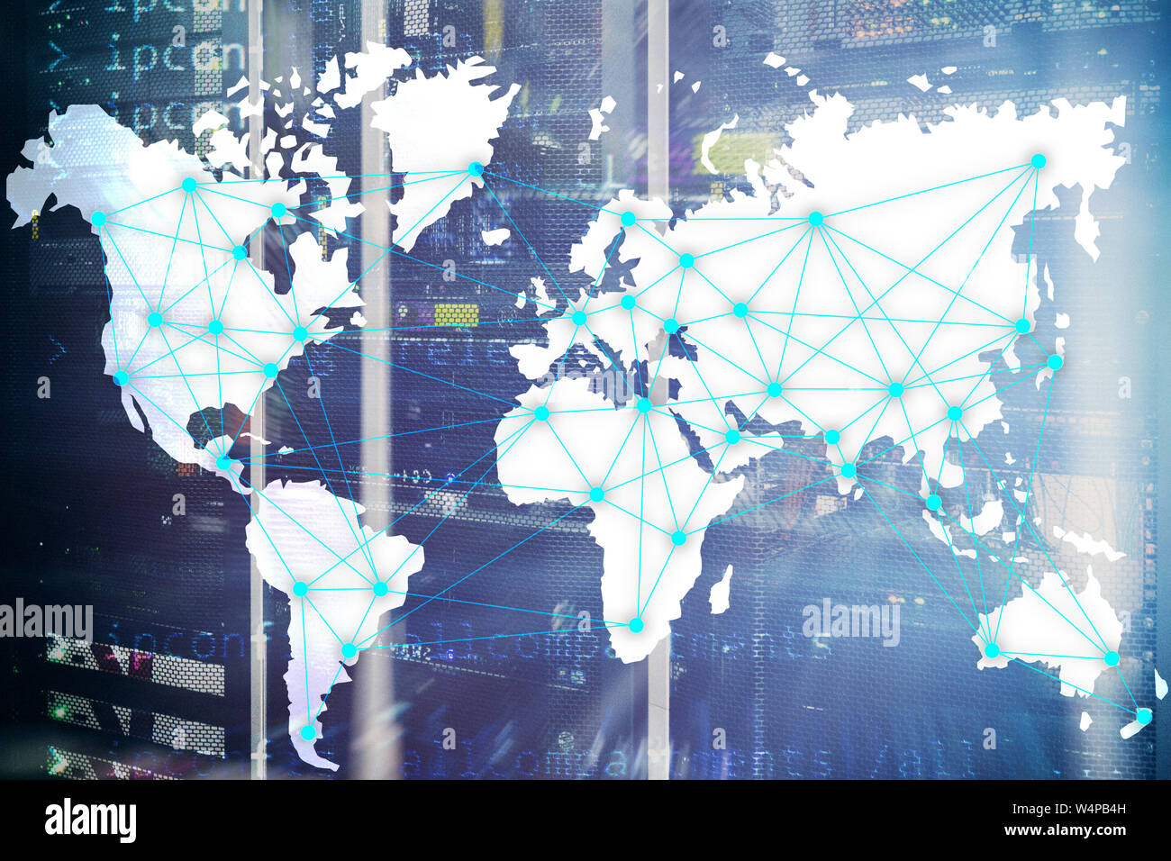 Internet and telecommunication concept with world map on server room ...