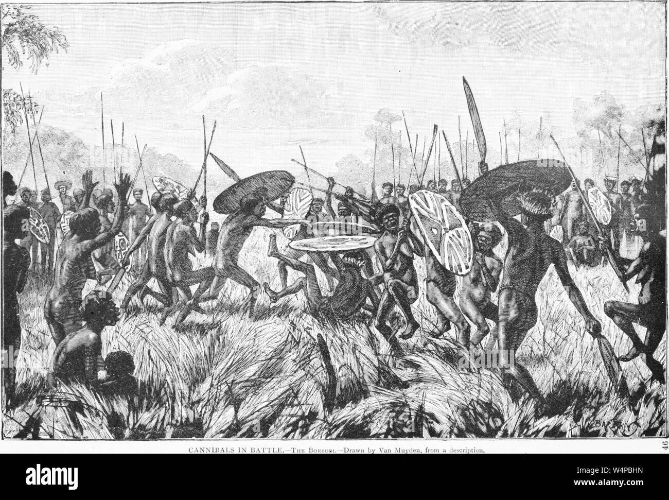 Engraved drawing of the Borbobi tribe cannibals in battle, from the ...
