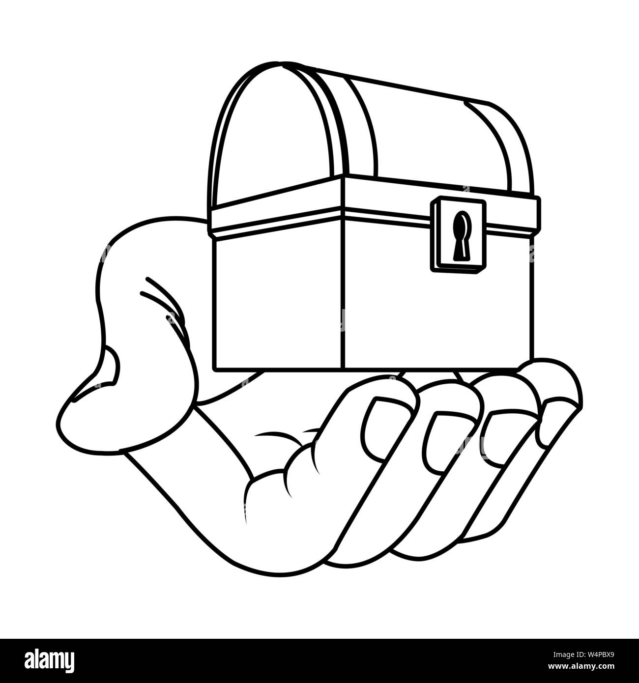 Hand with antique wooden chest cartoon in black and white Stock Vector ...