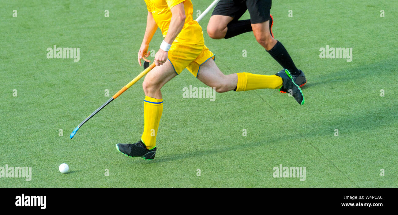 Two field hockey player, fighting for the ball on the midfield during ...