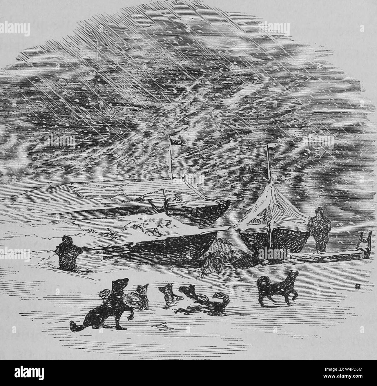 Engraved drawing of the boat camp in a storm, from the book 'The frozen ...