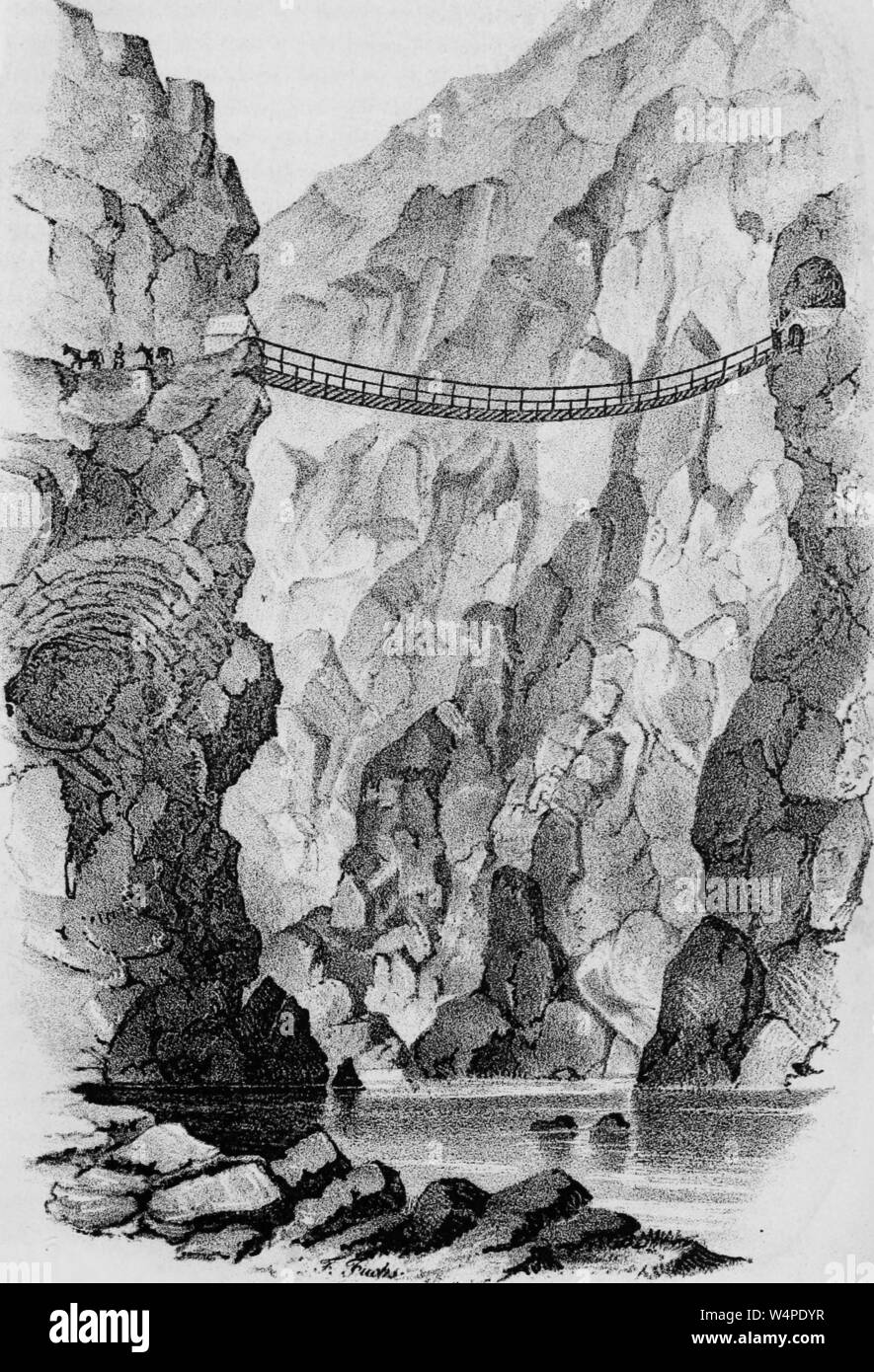 Engraved drawing of the Apurimac Bridge, the suspension bridge over the ...
