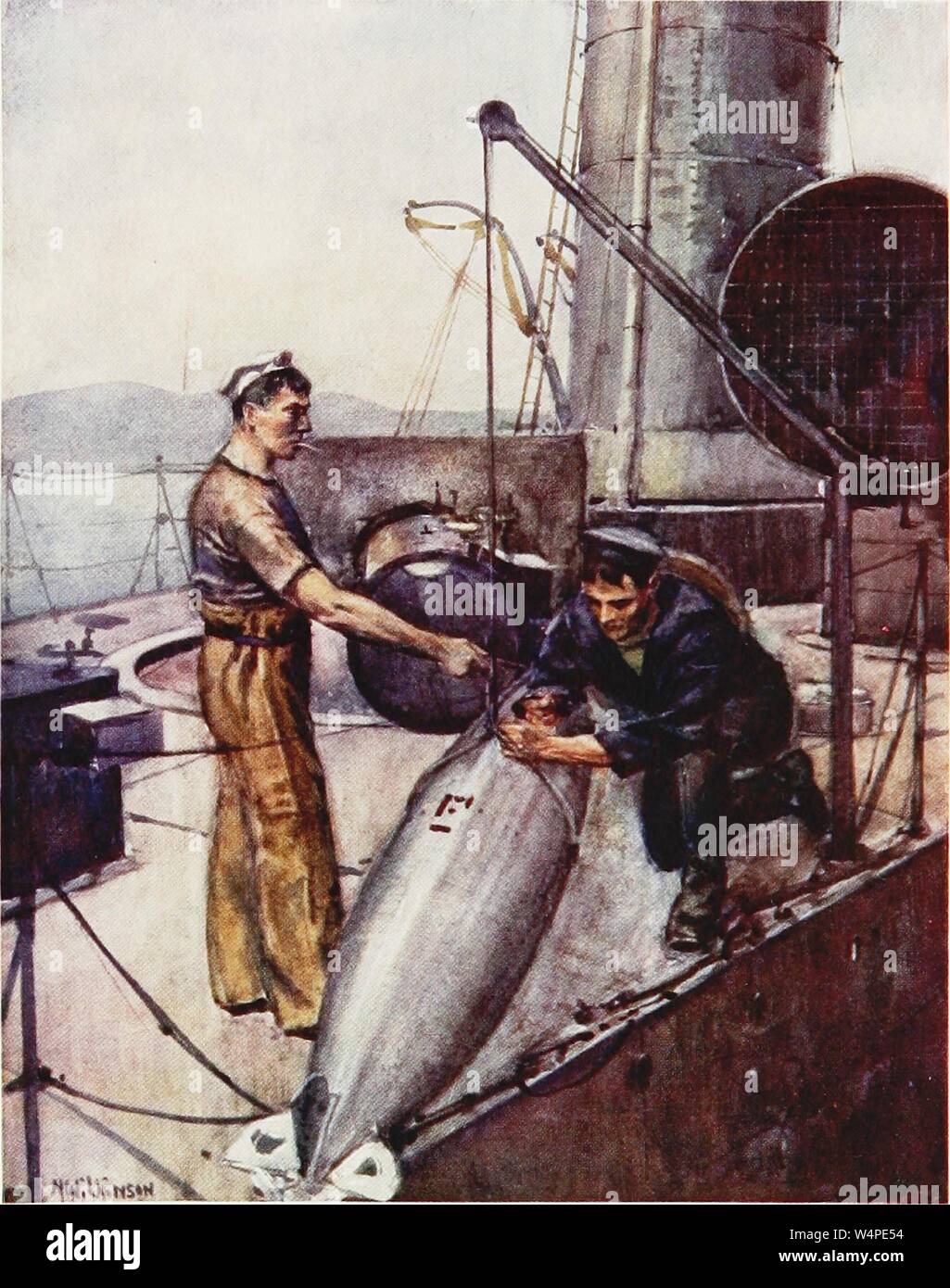 Engraved drawing of the sailors moving the 18-inch Whitehead torpedo ...