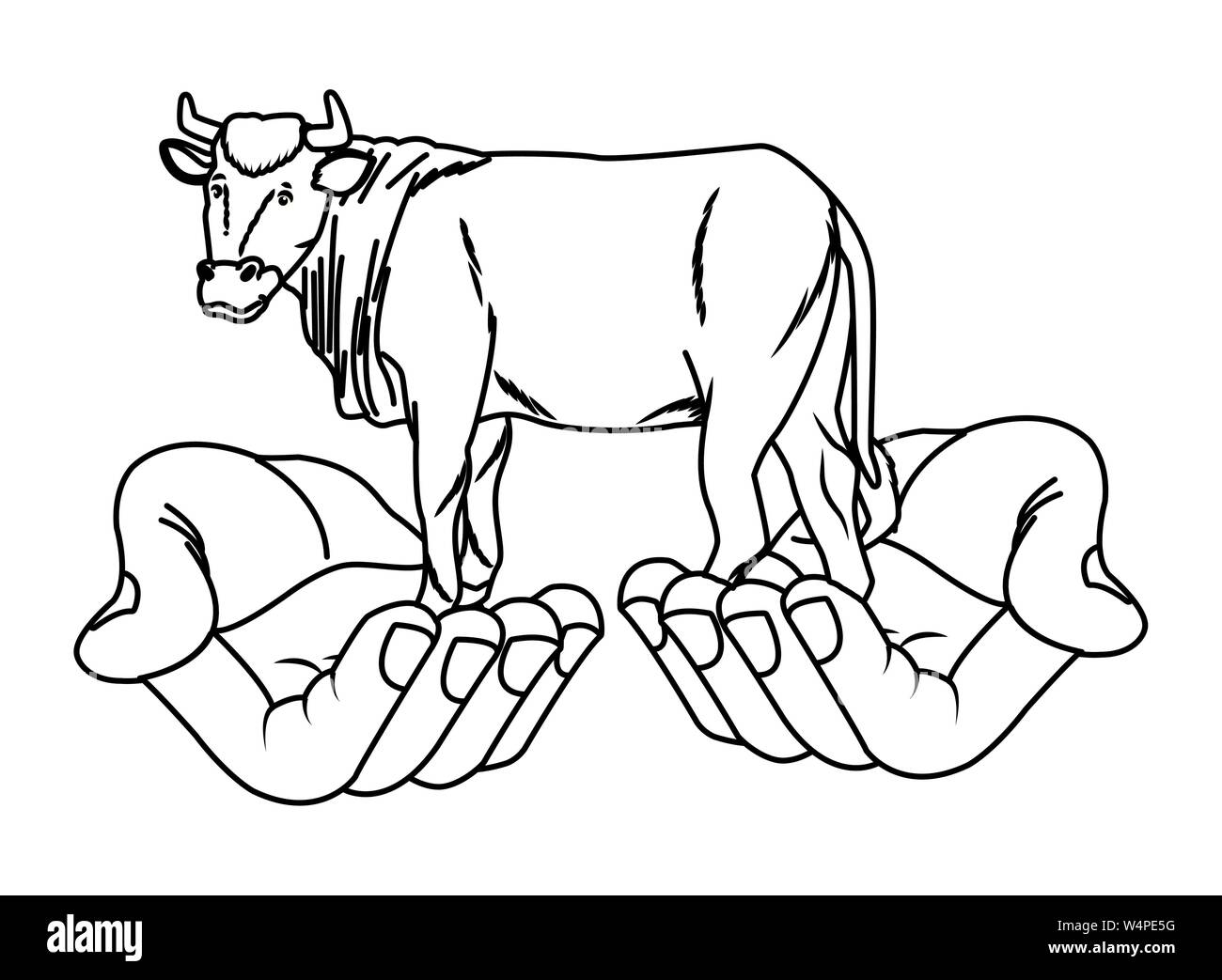 Hands holding sacred cow animal cartoon in black and white Stock Vector ...