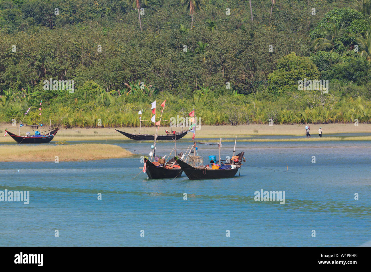 Fishing boats on the lagoon of Tizit beach on the Dawei peninsula ...