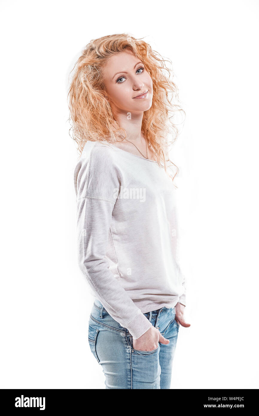 side view. cute girl student looking at the camera. isolated on light ...