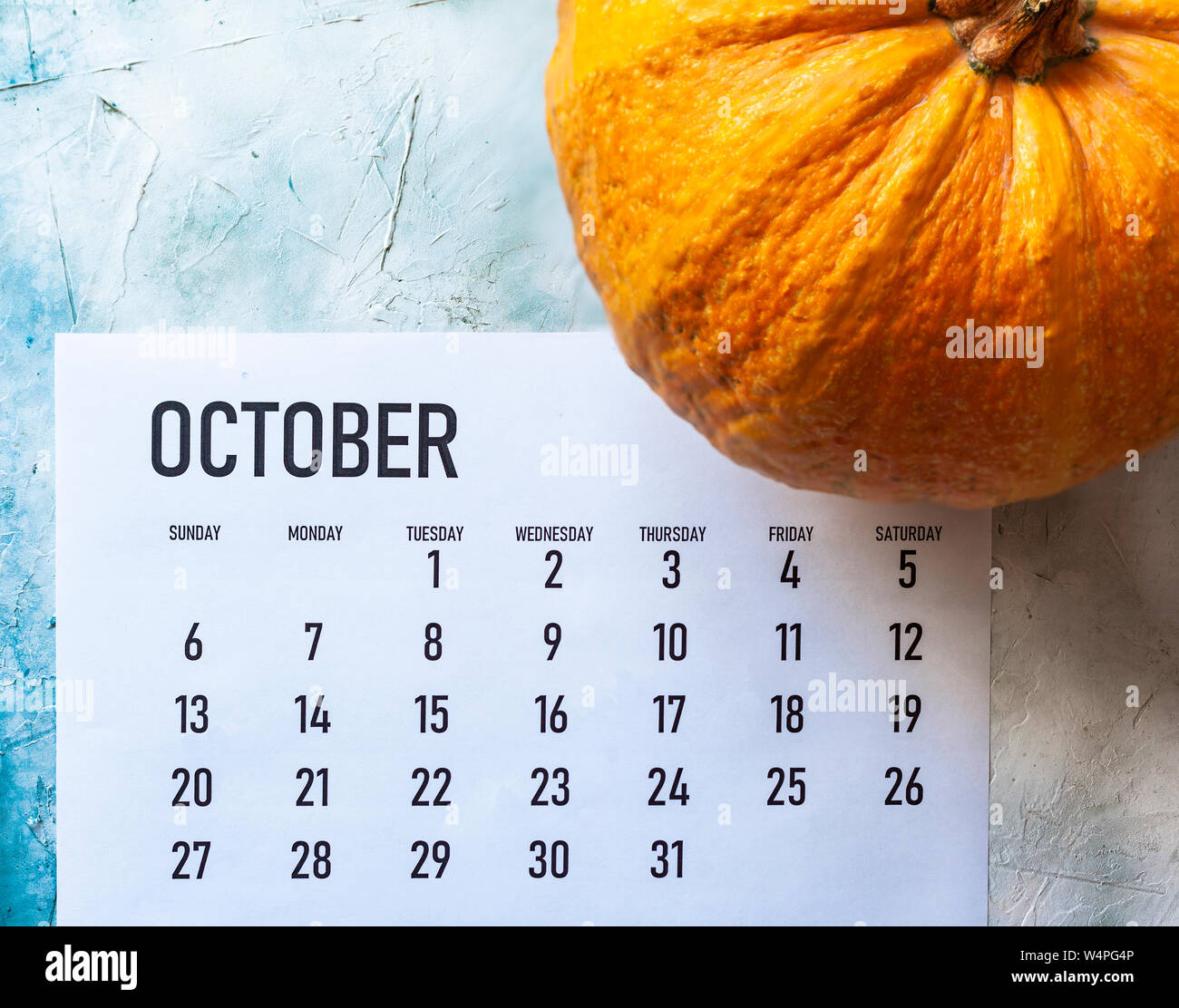 Simple 2019 October monthly calendar on table with a pumpkin Stock ...