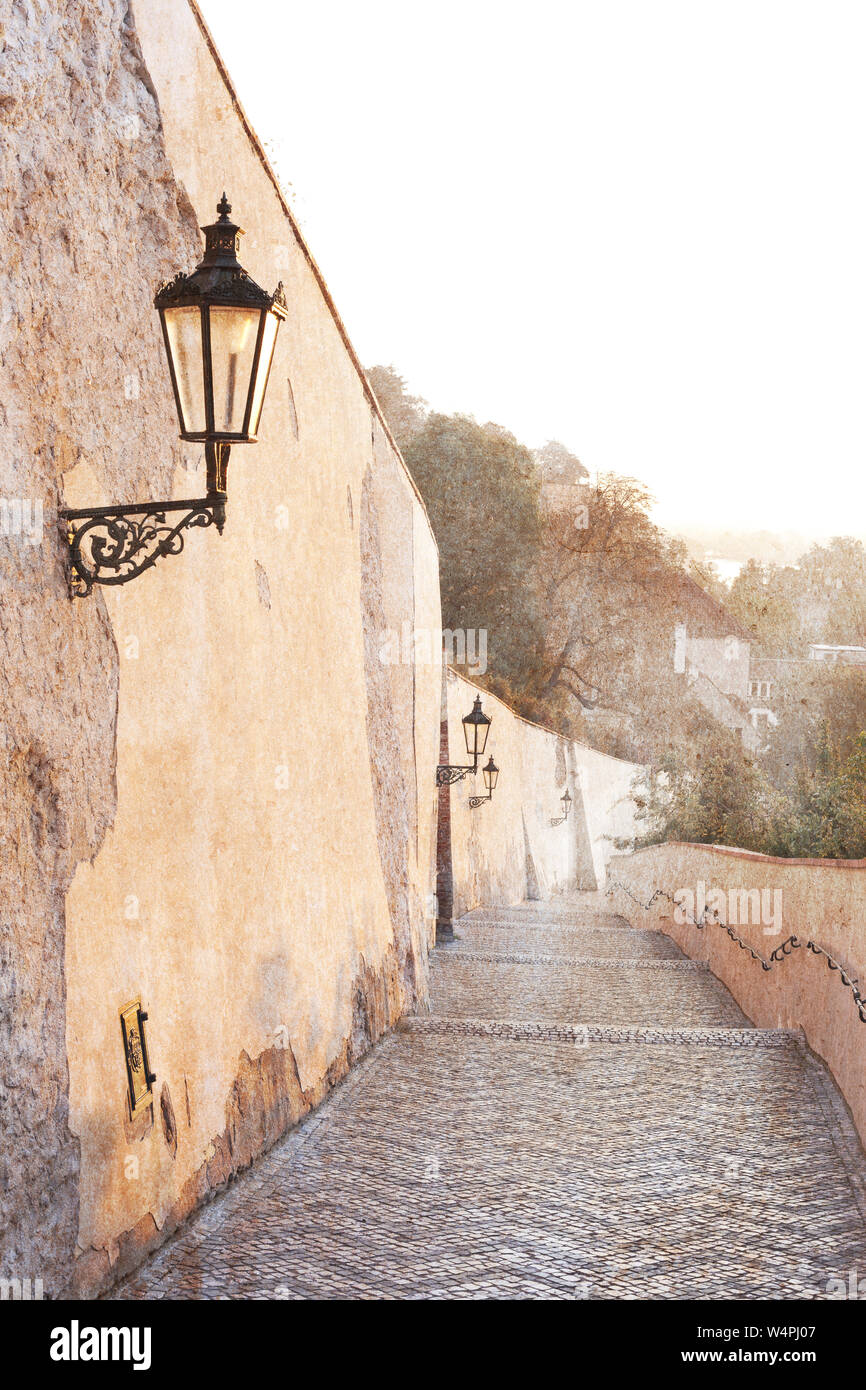 Romantic street in Prague on morning Stock Photo - Alamy