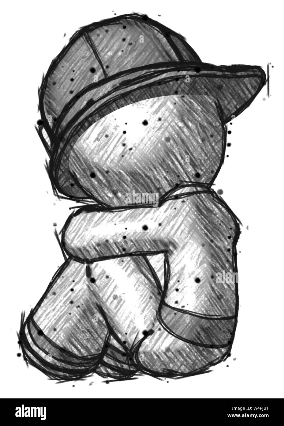 Sketch firefighter fireman man sitting with head down back view facing ...