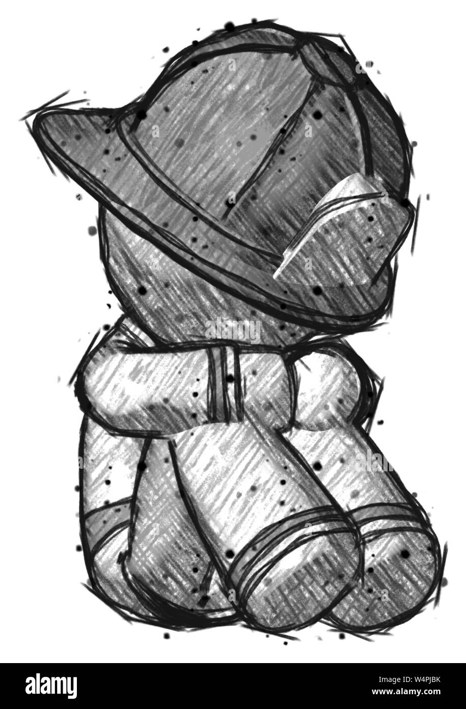 Sketch firefighter fireman man sitting with head down facing angle ...