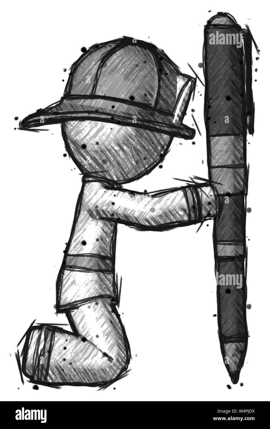 Sketch firefighter fireman man posing with giant pen in powerful yet ...