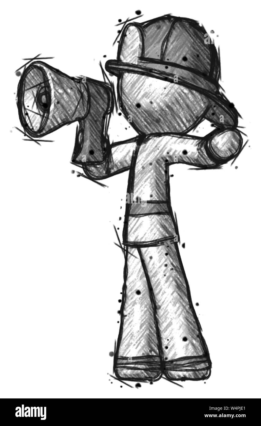 Sketch firefighter fireman man shouting into megaphone bullhorn facing ...