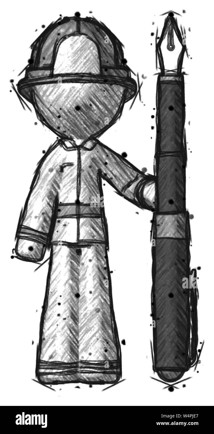 Sketch firefighter fireman man holding giant calligraphy pen Stock ...