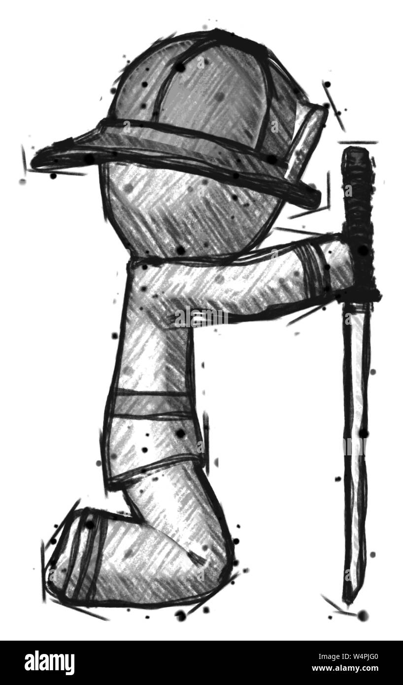 Sketch firefighter fireman man kneeling with ninja sword katana showing ...