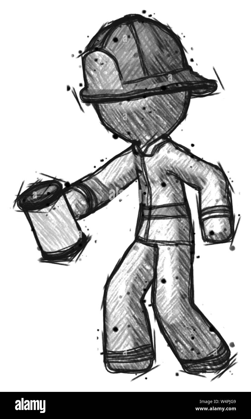 Sketch firefighter fireman man begger holding can begging or asking for ...