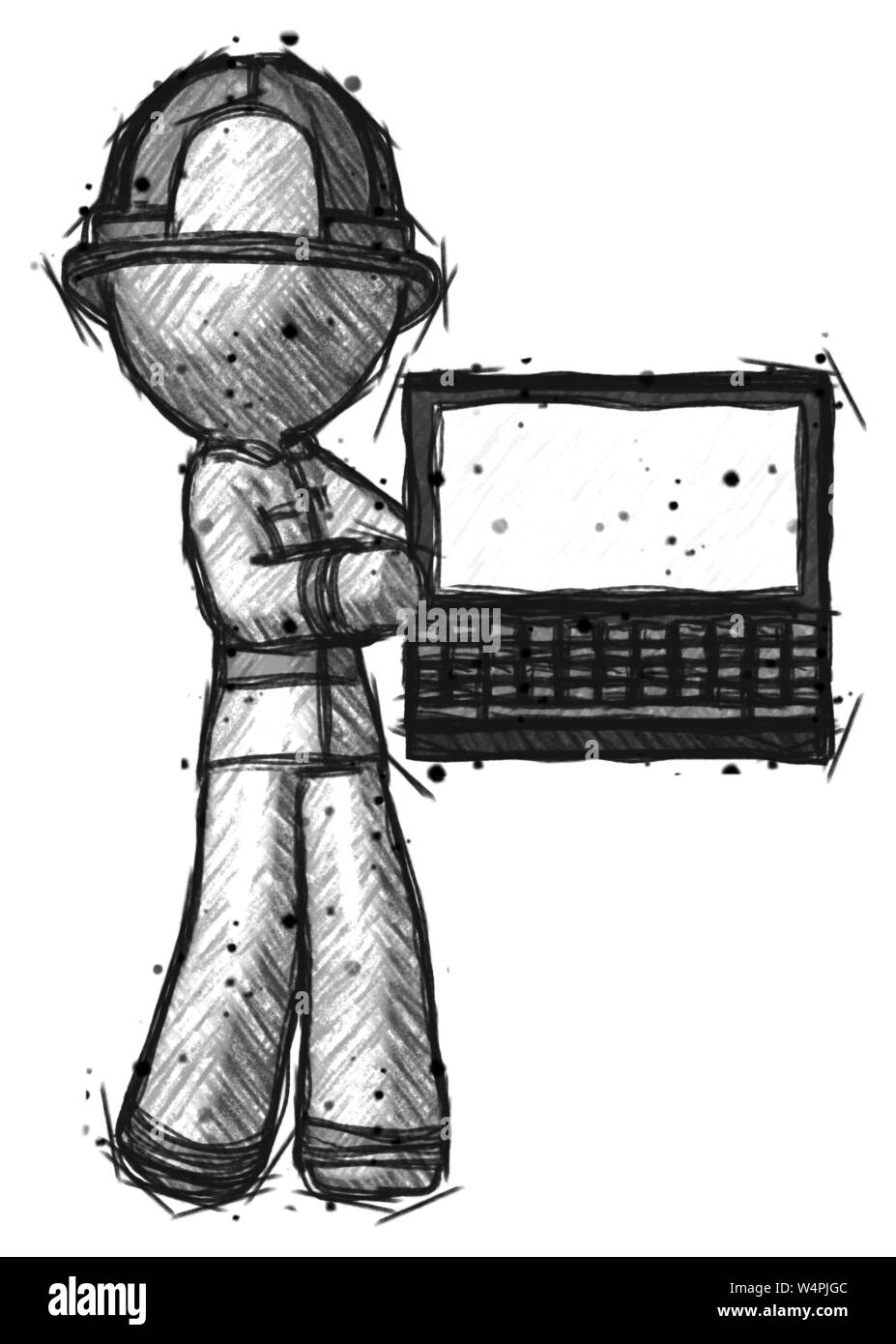 Sketch firefighter fireman man holding laptop computer presenting ...