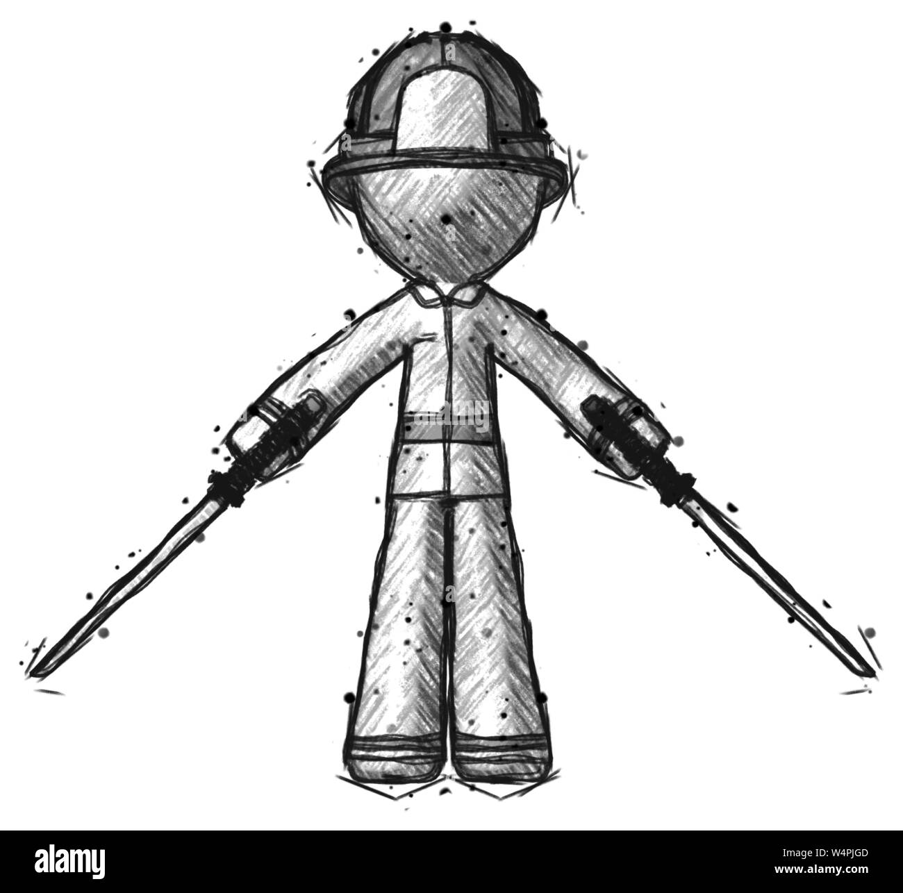 Sketch firefighter fireman man posing with two ninja sword katanas ...