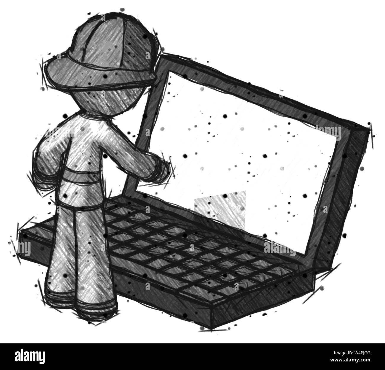 Sketch firefighter fireman man using large laptop computer Stock Photo ...