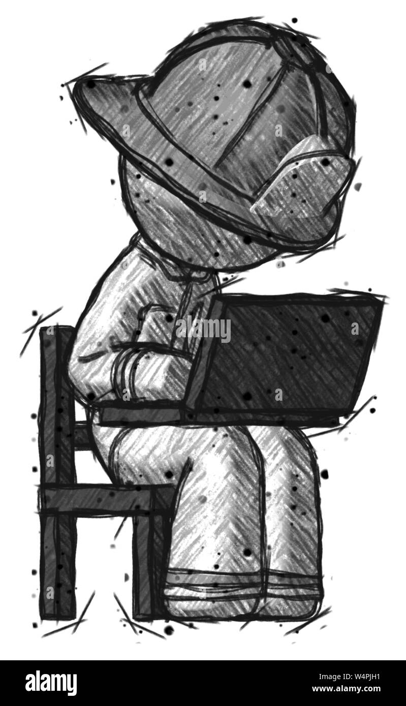 Sketch firefighter fireman man using laptop computer while sitting in ...