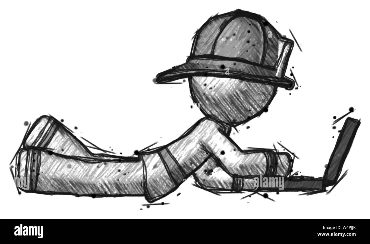 Sketch firefighter fireman man using laptop computer while lying on ...