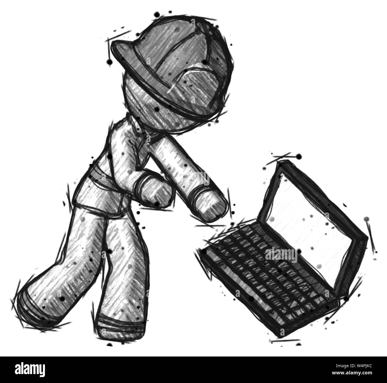 Sketch firefighter fireman man throwing laptop computer in frustration ...