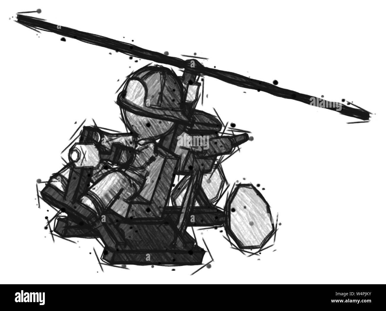 Sketch firefighter fireman man flying in gyrocopter front side angle ...