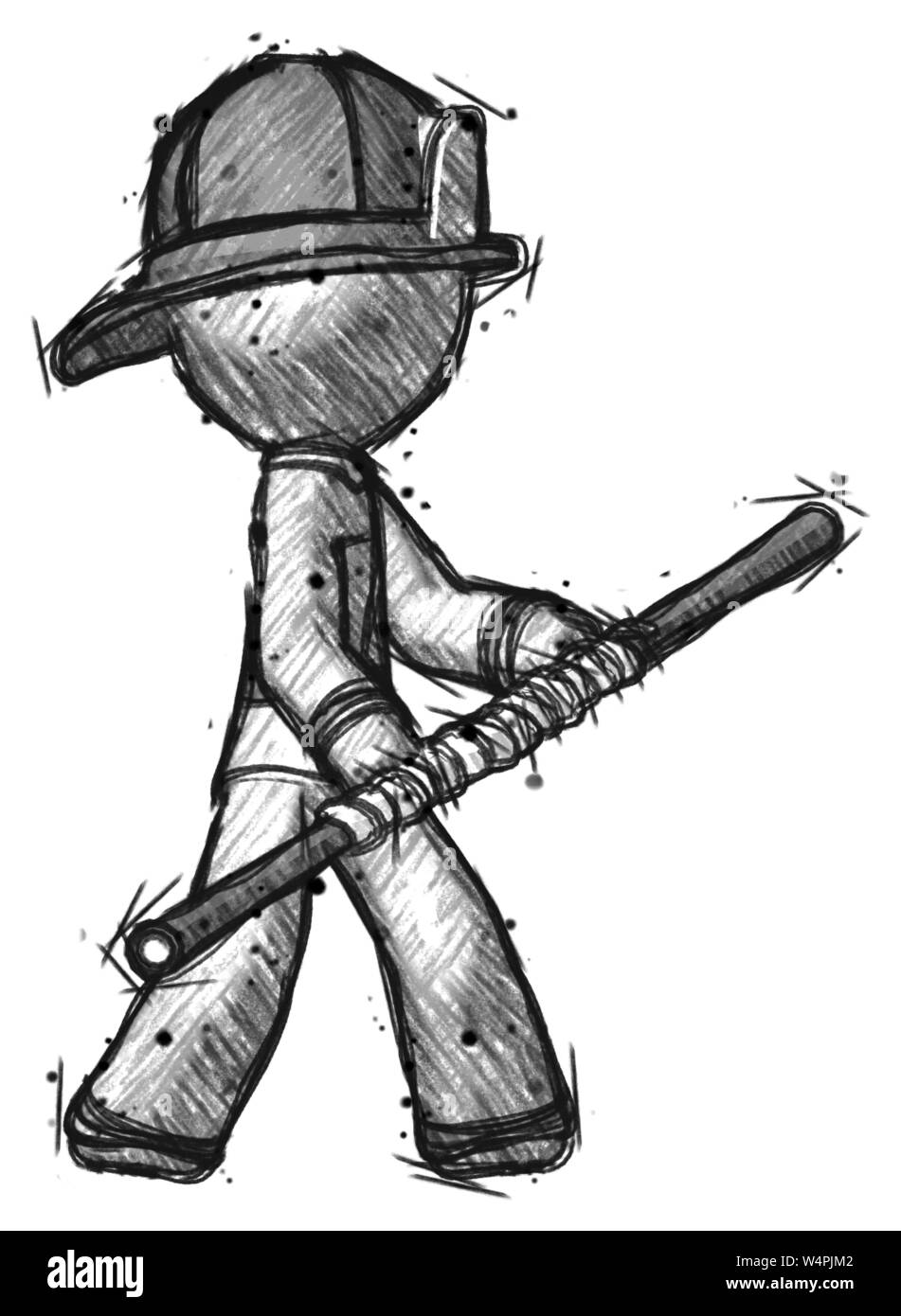 Sketch firefighter fireman man holding bo staff in sideways defense ...
