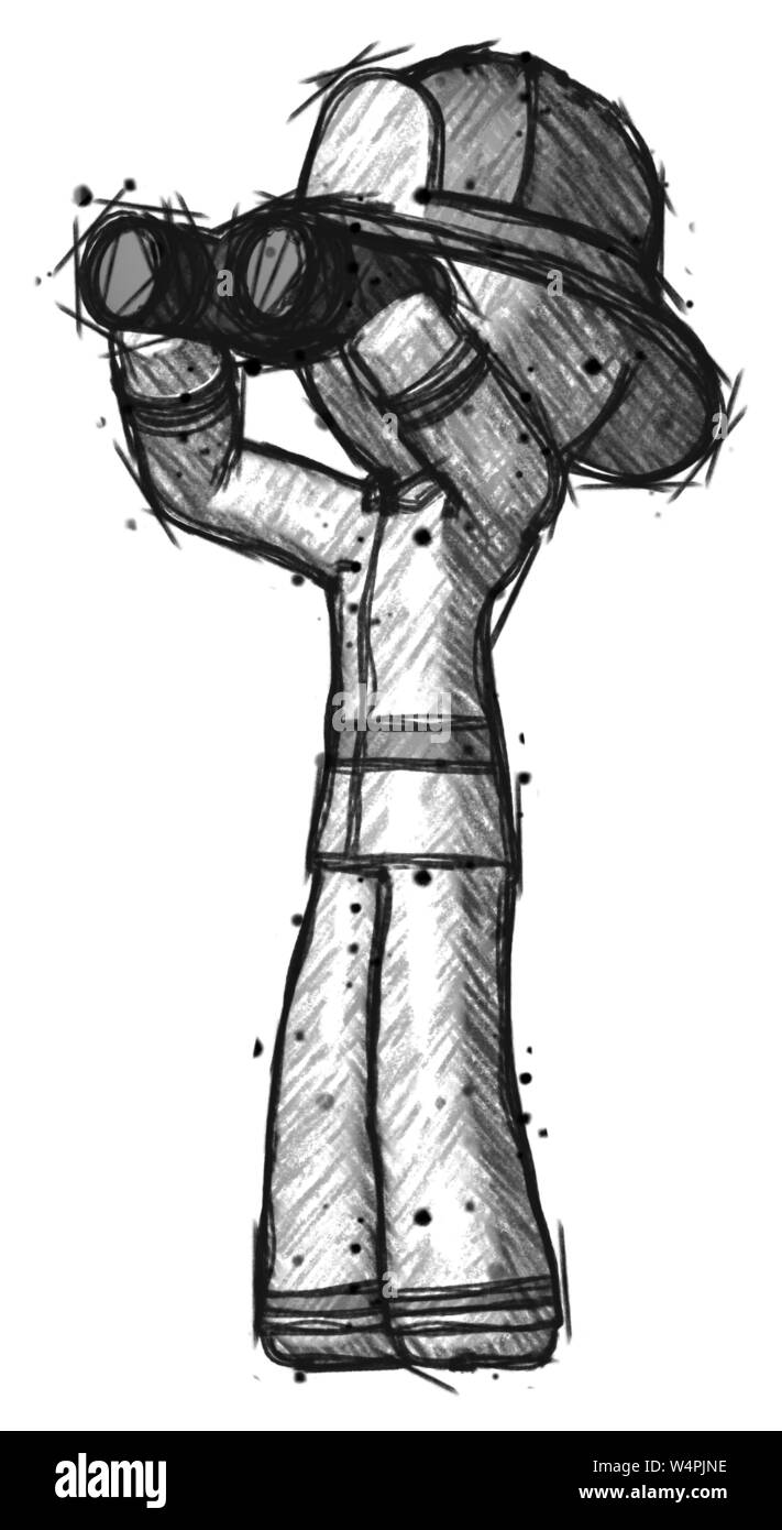 Sketch firefighter fireman man looking through binoculars to the left ...