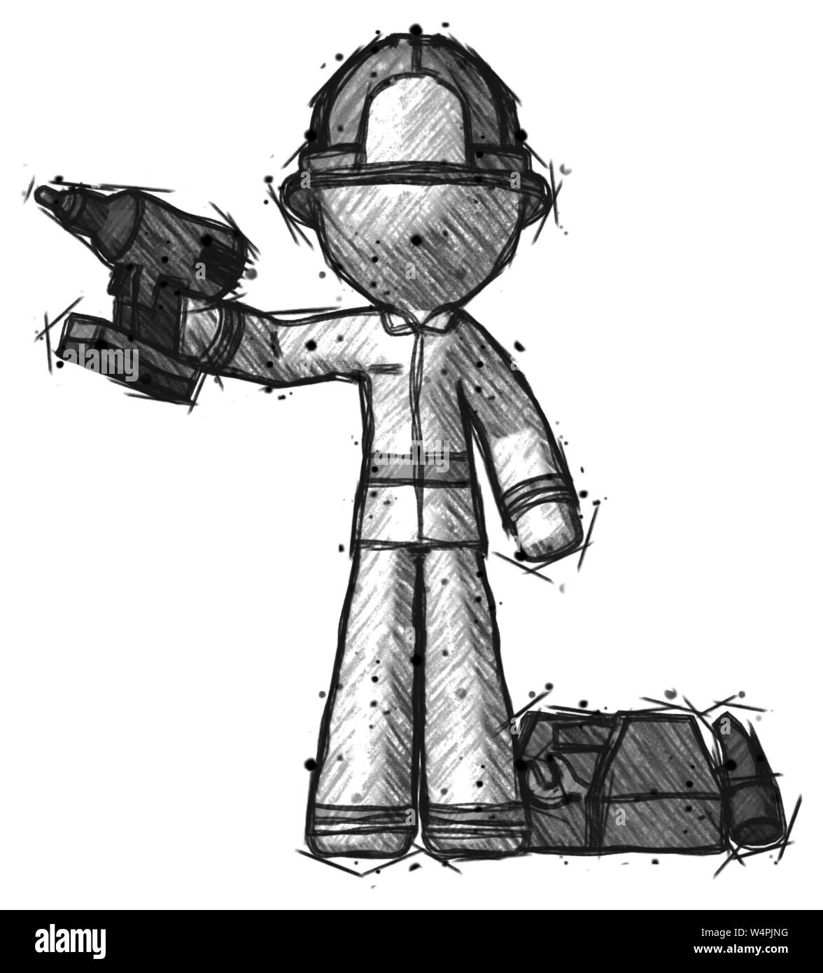 Sketch firefighter fireman man holding drill ready to work, toolchest ...