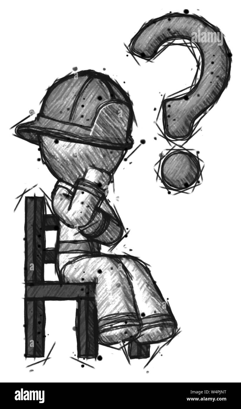 Sketch firefighter fireman man question mark concept, sitting on chair ...