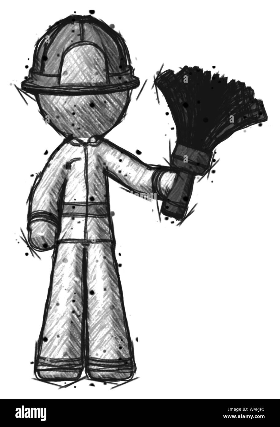 Sketch firefighter fireman man holding feather duster facing forward ...