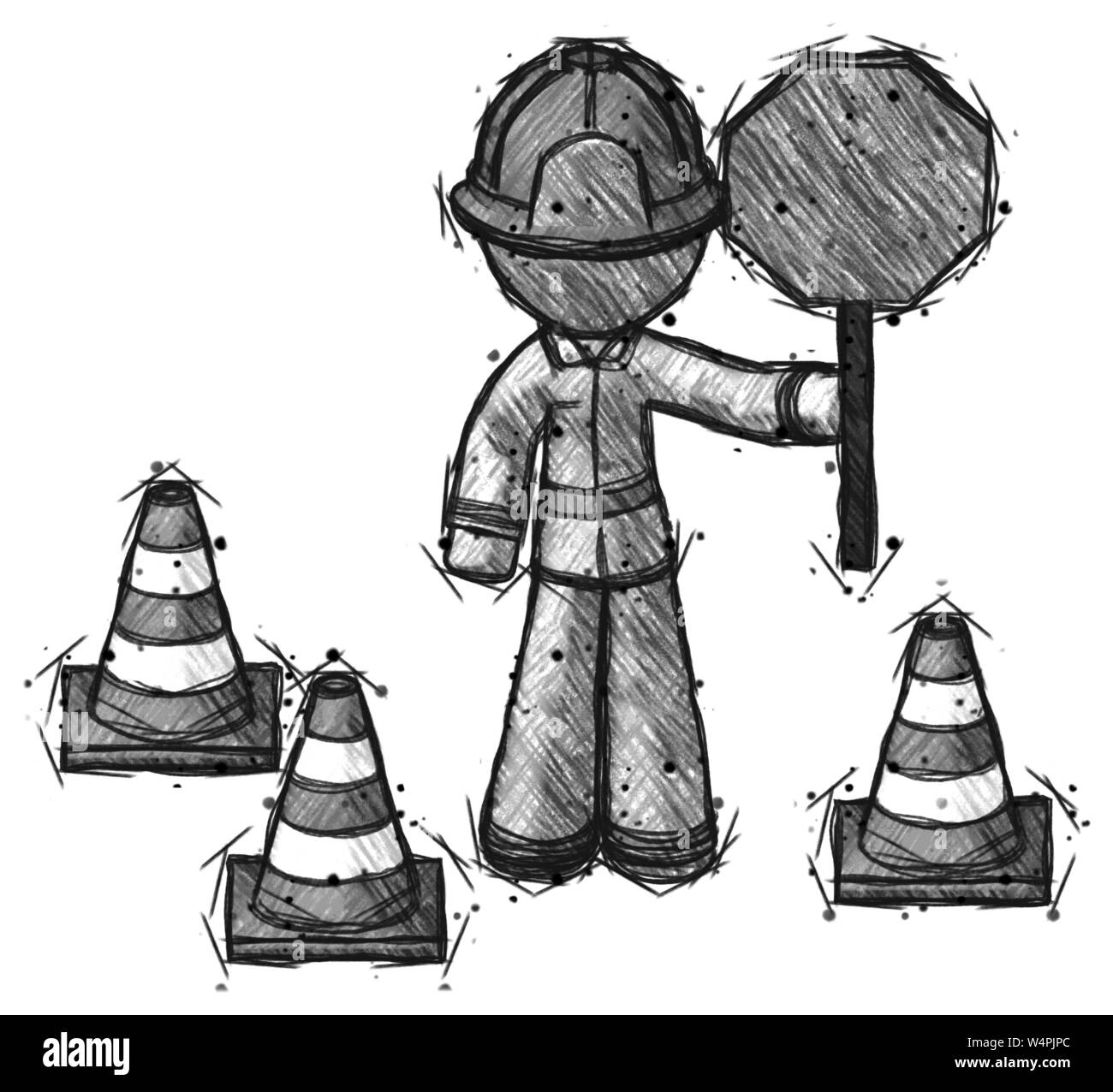 Sketch firefighter fireman man holding stop sign by traffic cones under ...