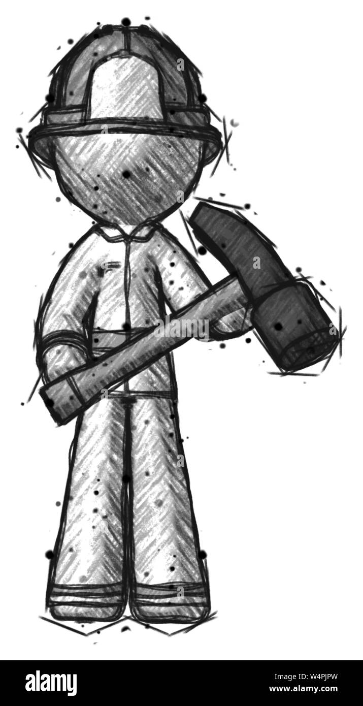 Sketch firefighter fireman man holding hammer ready to work Stock Photo ...