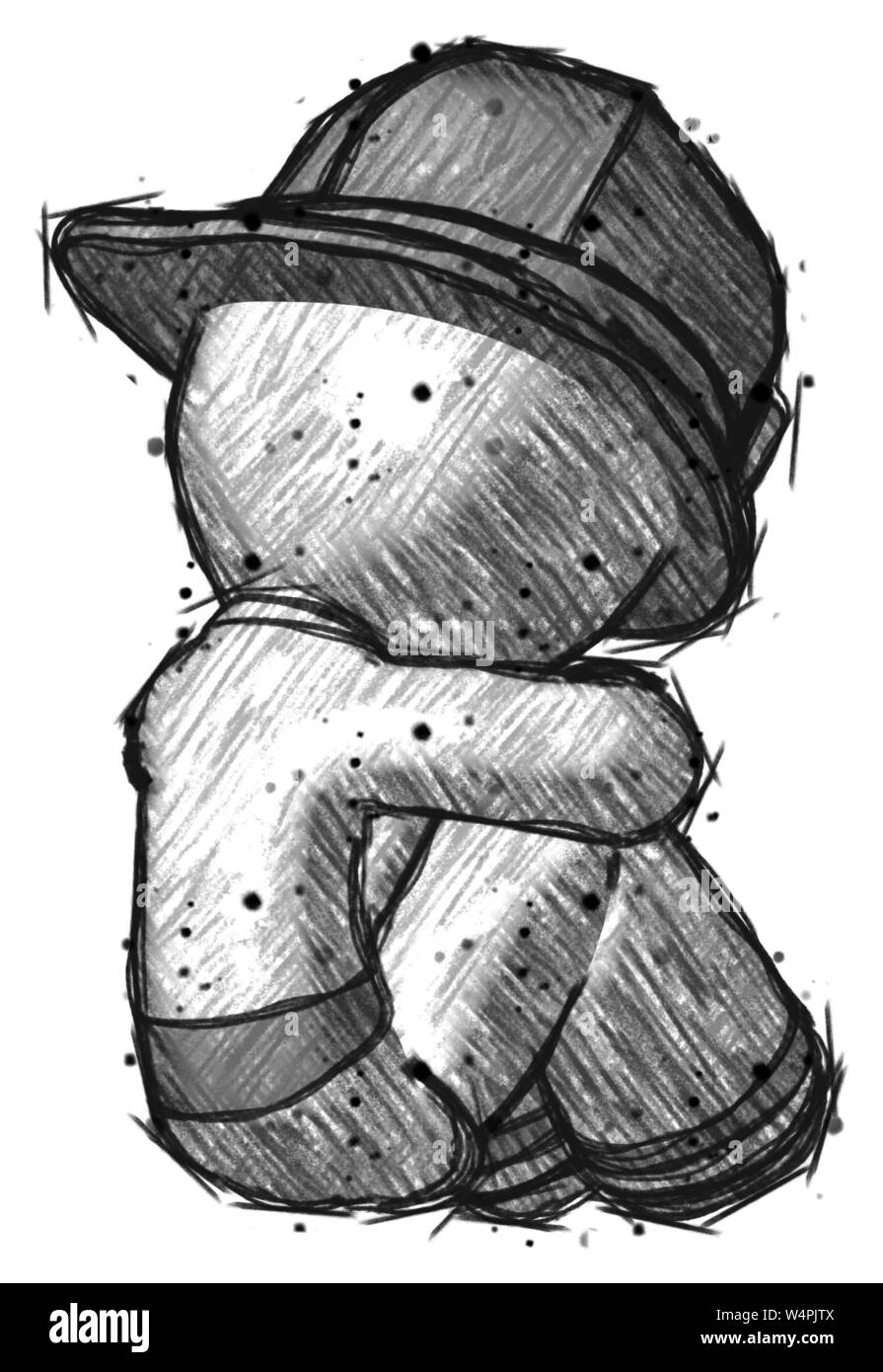 Sketch firefighter fireman man sitting with head down back view facing ...