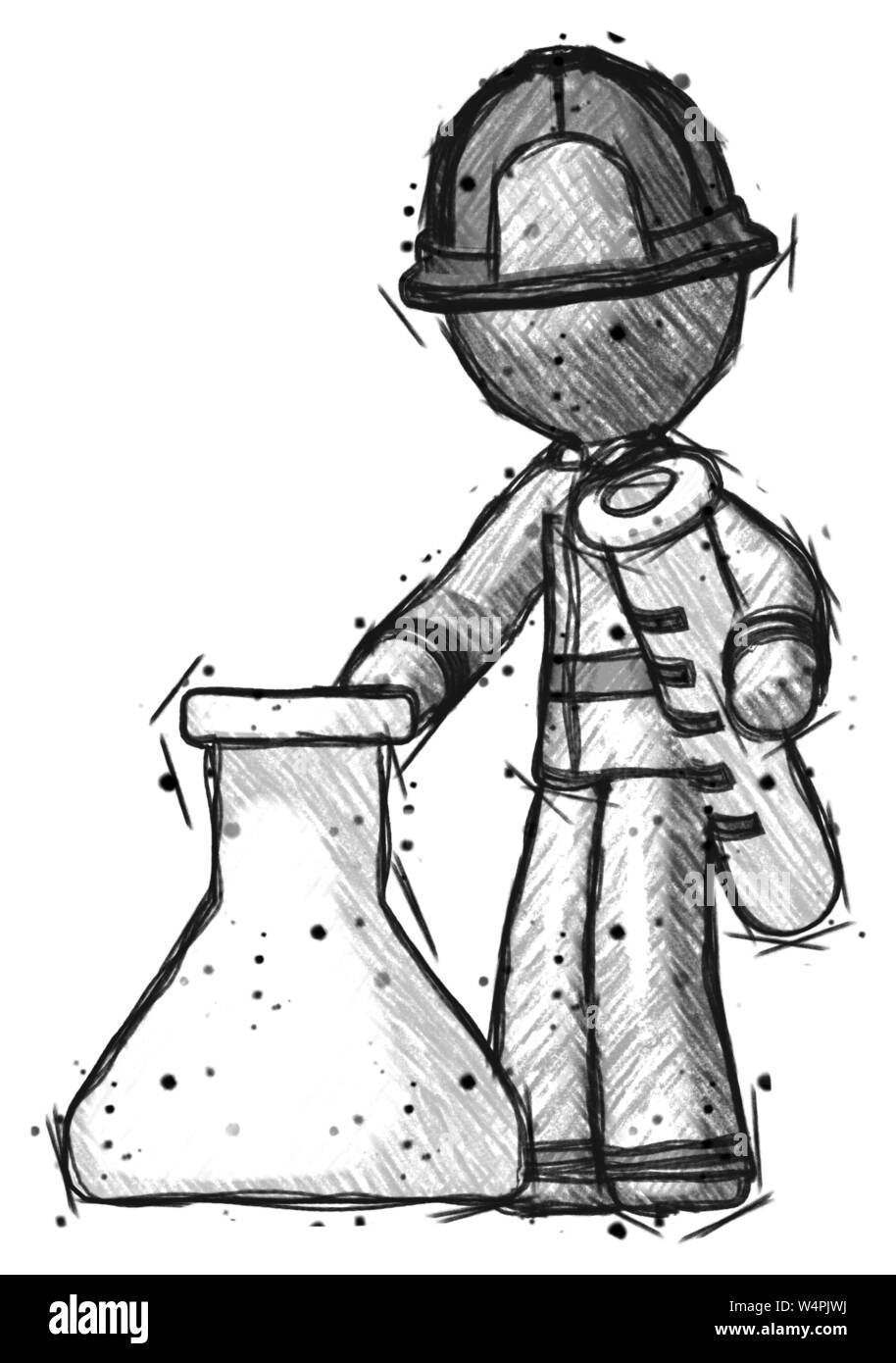 Sketch firefighter fireman man holding test tube beside beaker or flask ...