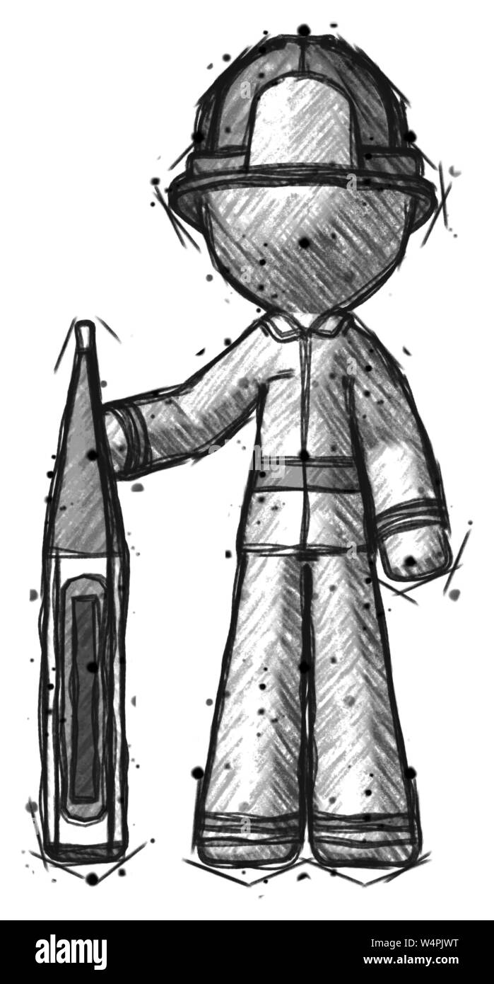 Sketch firefighter fireman man standing with large thermometer Stock ...