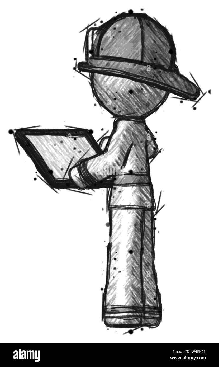 Sketch firefighter fireman man looking at tablet device computer with ...