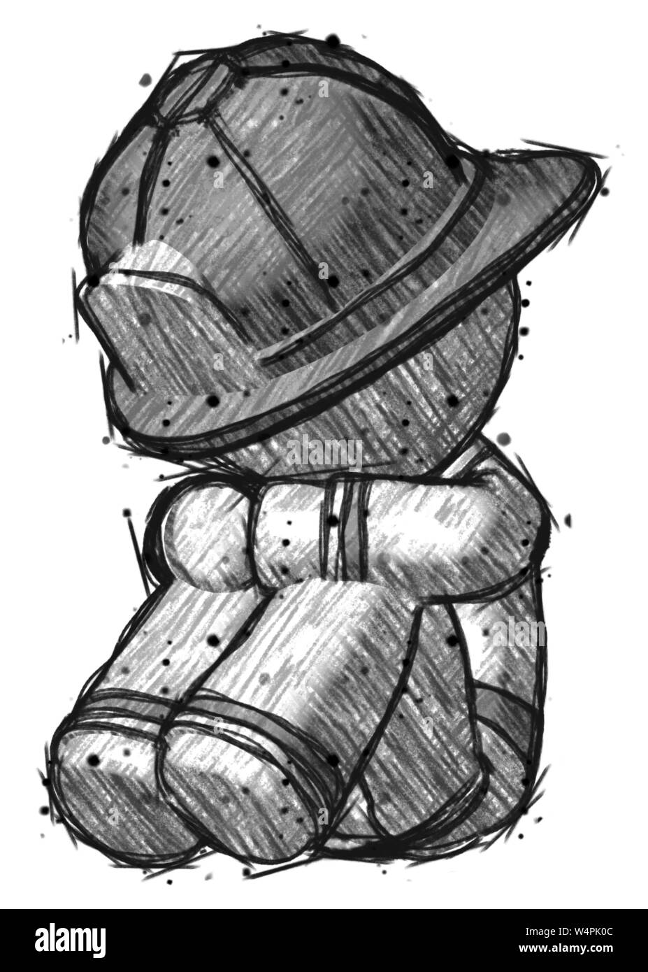 Sketch firefighter fireman man sitting with head down facing angle left ...