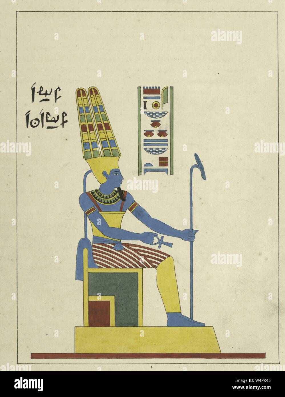 Ancient Egyptian god Amun (Amun-Ra), sitting on his throne and holding ...