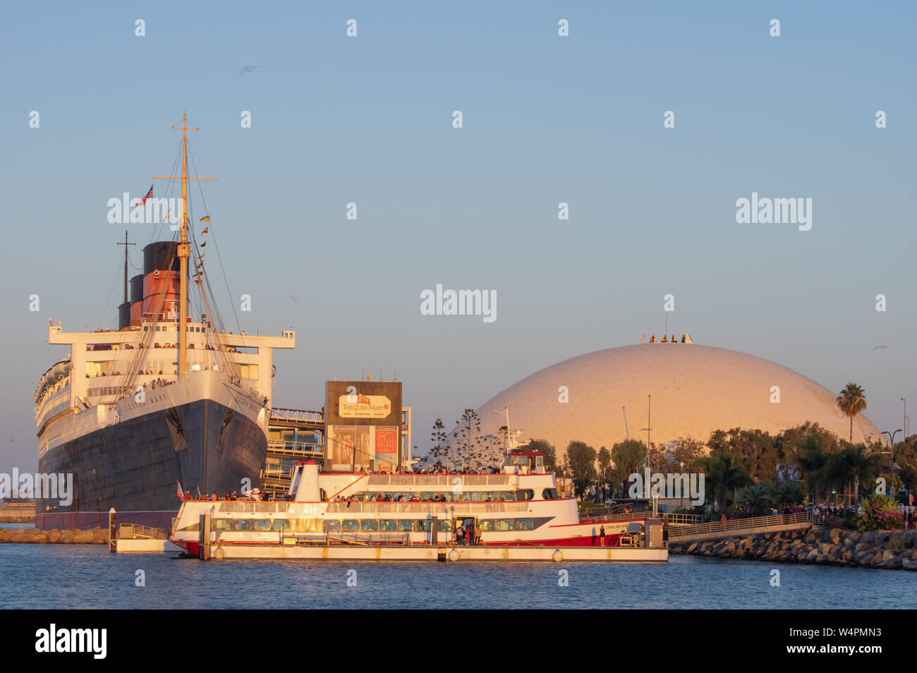Image of the RMS Queen Mary retired ocean liner and Geodesic Dome. The ...