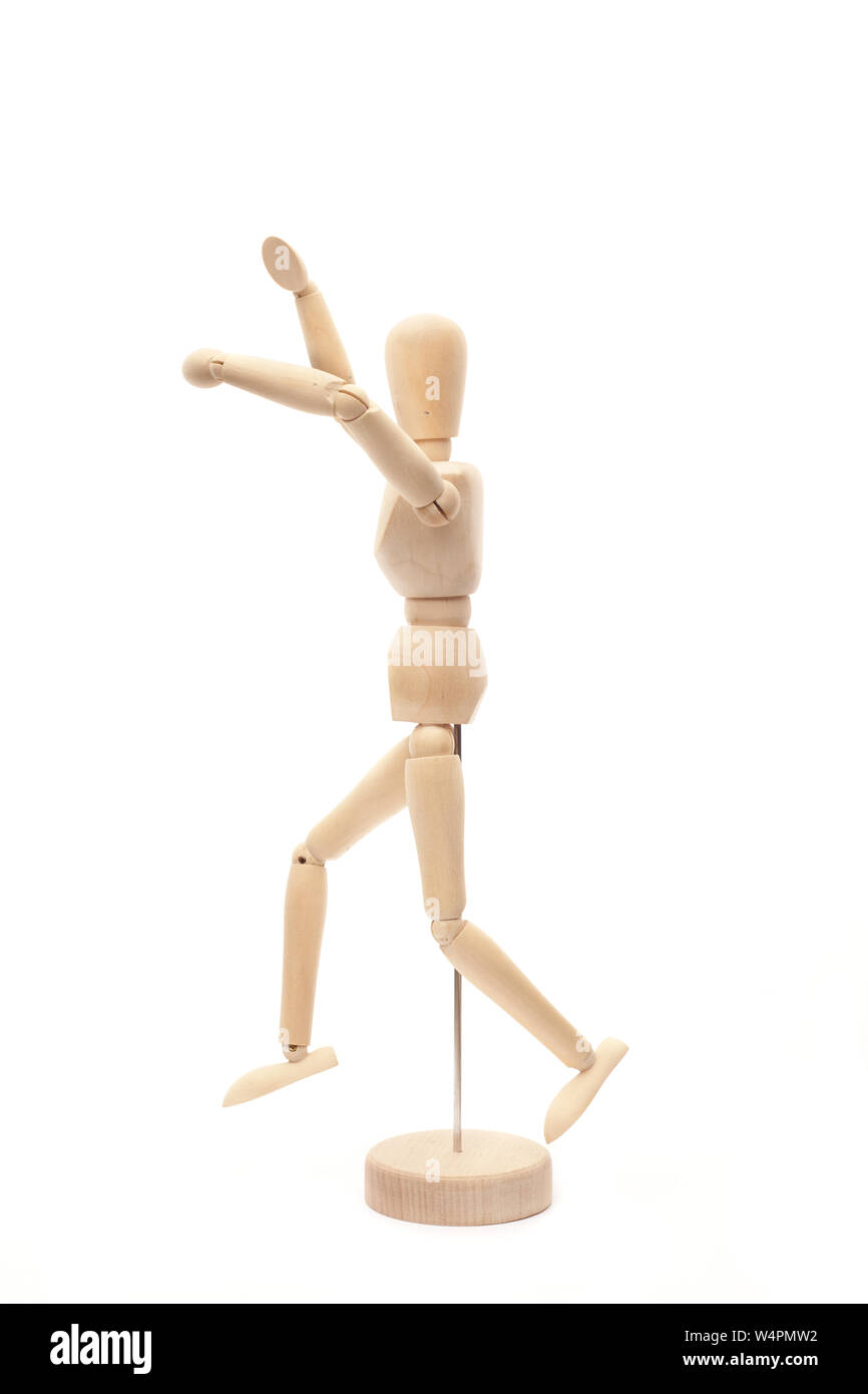 Wood figure escape isolated on white background Stock Photo - Alamy