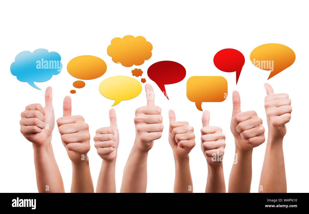 many thumbs up with speech bubbles on isolated background Stock Photo ...