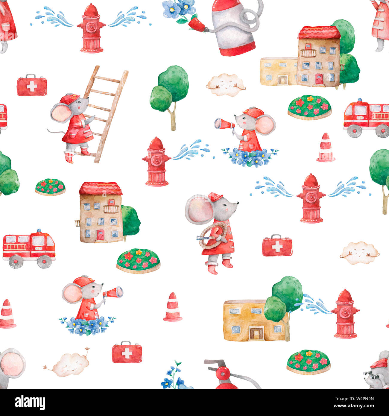 Watercolor cute illustration of seamless pattern with animals rescue ...