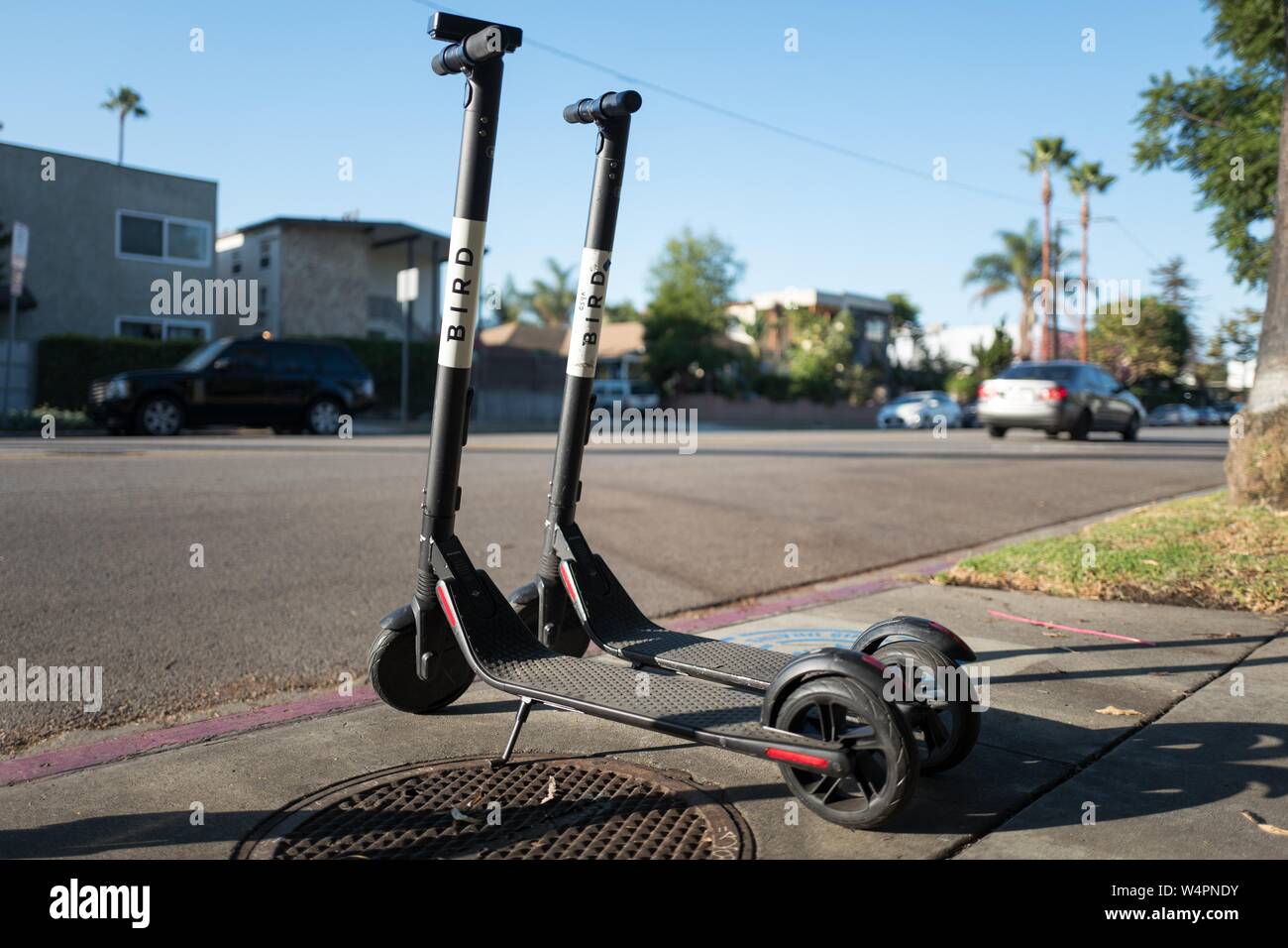 Low-angle view of several motor scooters from sharing economy company ...