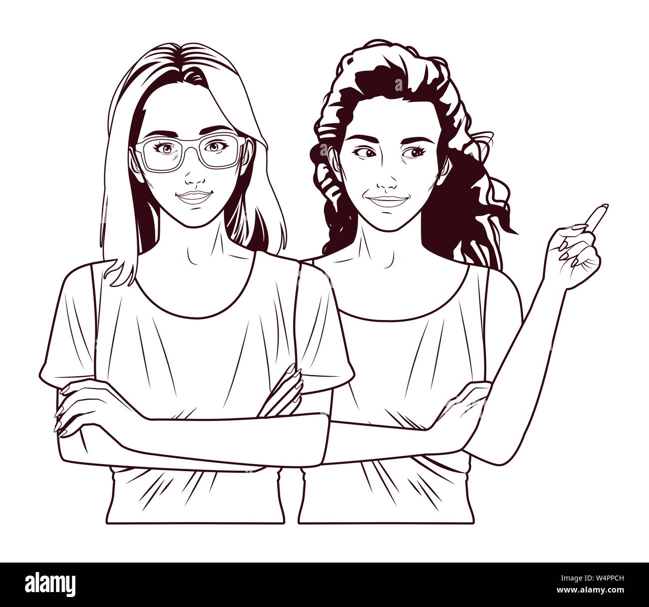 Pop art women friends smiling cartoon in black and white Stock Vector ...