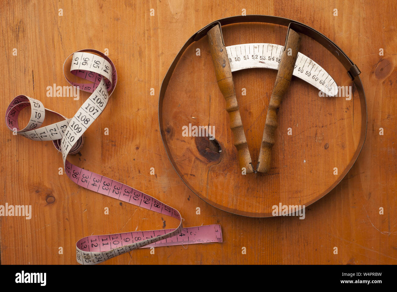 Head meter hatmaker tools craft concept on wooden texture Stock Photo ...