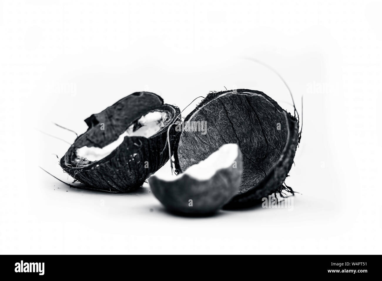 Two cut or sliced dried coconuts isolated on white with dry flash in it ...