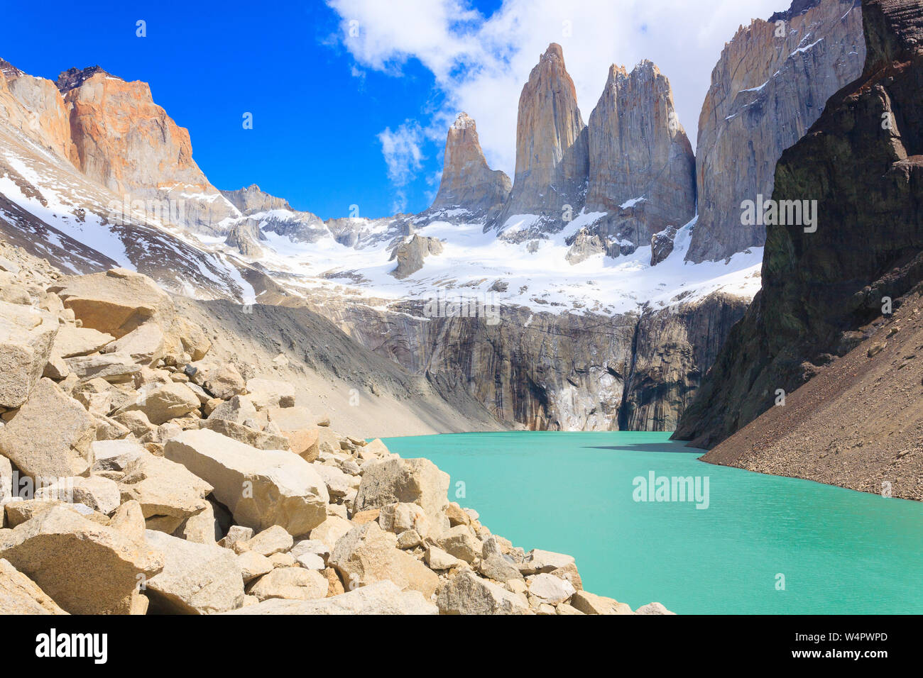 Torres del Paine peaks view, Chile. Base Las Torres viewpoint. Chilean ...