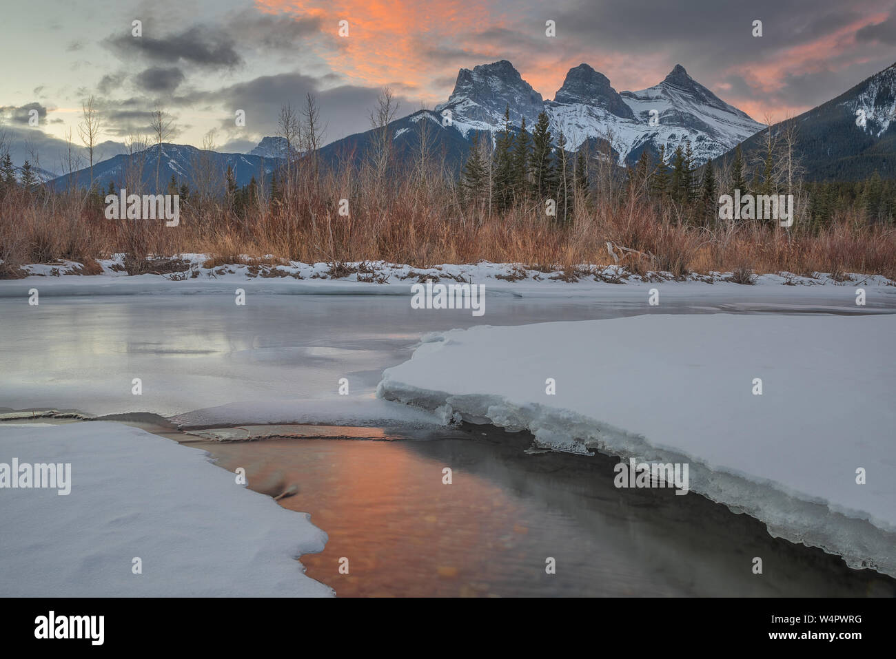Winter Morning at Three Sisters Mountain at Canmore, Alberta, Canada ...
